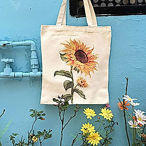 Kazova Boho Sunflower Cotton Canvas Bag Tote Bag Handbag Floral Shopping Bag Women Casual Shoulder Bags Watercolor Sunflower Reusable Grocery Bags Beach Lunch Travel Cotton Bag