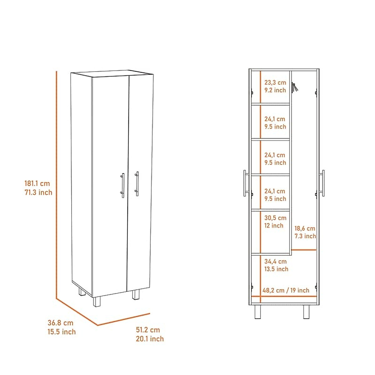 FM FURNITURE Norway Broom Closet Pantry, Five Shelves, White for Kitchen