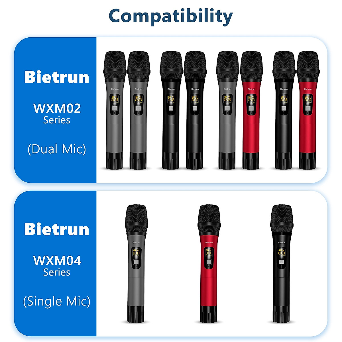 Bietrun UHF Receiver Wireless Microphone WXM02 / WXM04, with 720mAh Rechargeable Battery, 160 ft Working Range, 1/4" Output for for Karaoke Machine/PA Speakers System/Mixer