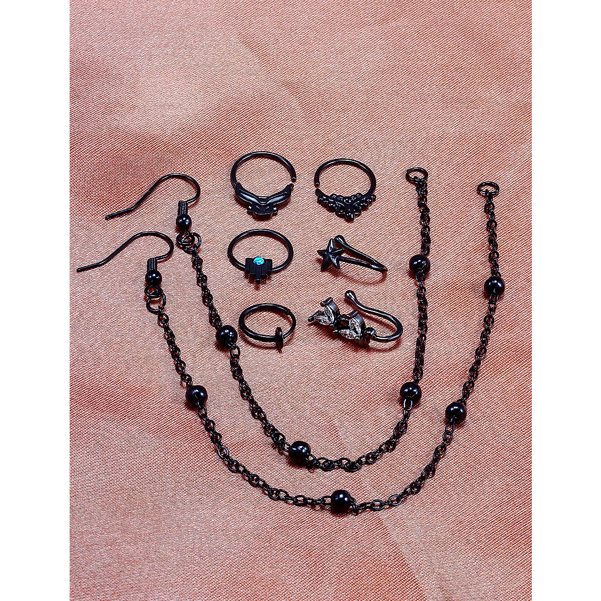 8Pcs 20G Nose Rings Hoop Chain Piercing Surgical Steel Fake Faux Nose Septum Ring Jewelry for Women Crystal Leaf Butterfly Rook Helix Cartilage Daith Piercing Jewelry,Black Nose Clip 8mm Cuffs