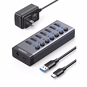 UGREEN Powered USB 3.0 Hub, 7-Port USB Adapter with 4 Smart Charging Ports, USB Splitter with Individual Led On/Off Switches and Power Adapter, USB Ports Extender for Laptop PC