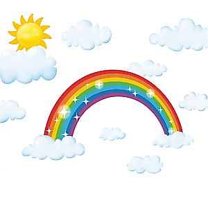 Large Sparkling Rainbow Wall Decal 21.6 x43.7inch, Rainbow Cloud Sun Wall Sticker, Peel and Stick Removable Rainbow with Sun Clouds Wall Stickers Wall Mural for Kids Nursery Bedroom