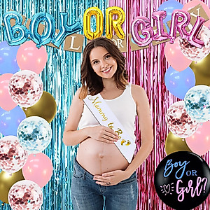 Guudmua 312 Pcs Gender Reveal Decorations, Baby Gender Reveal Party Supplies- Disposable Dinnerware Set With Pink and Blue (25 Guest), Boy or Girl Banner, Balloon, Sash, Cake Topper, Photo Props