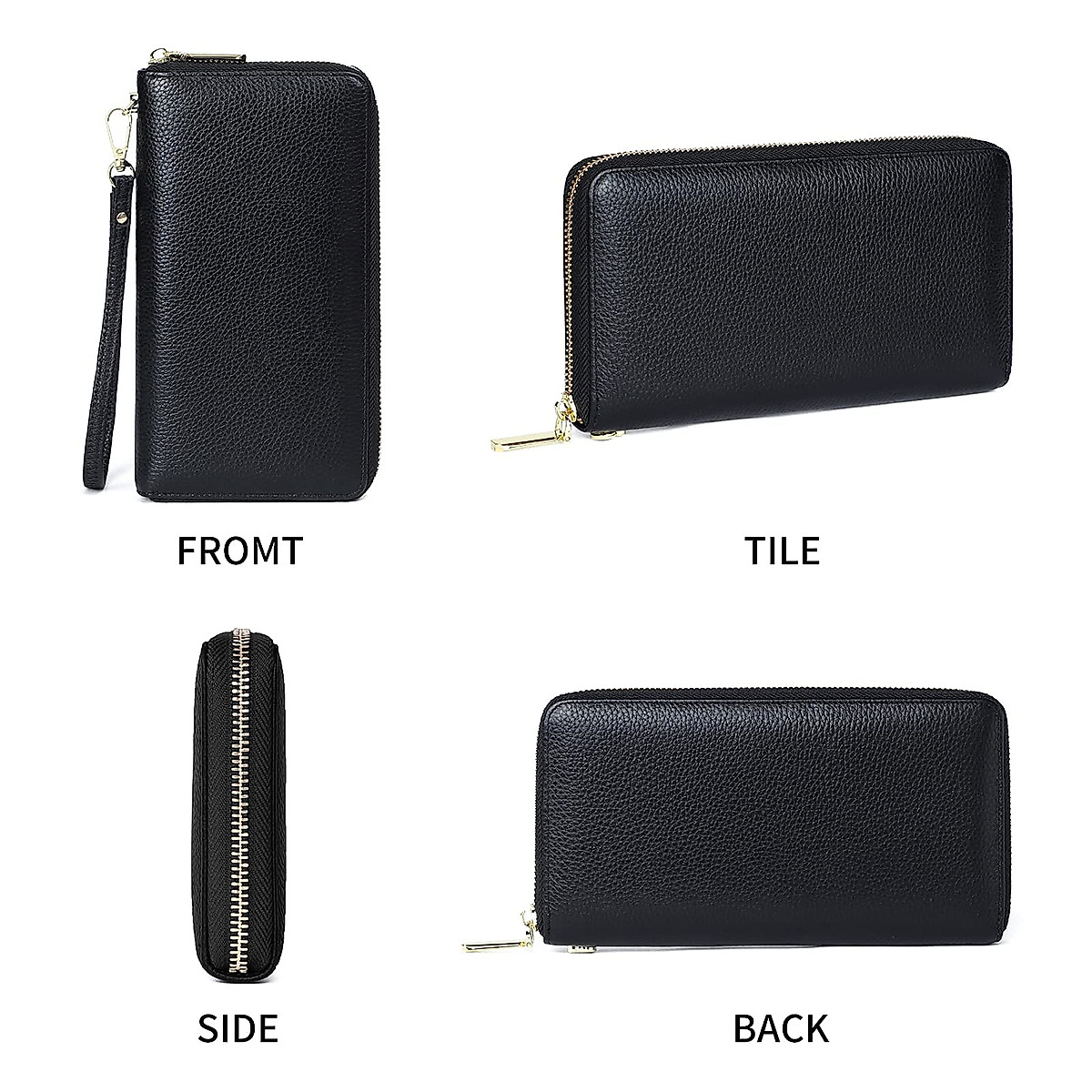 Seammer Women's RFID Blocking Leather Zip Around Wallet Clutch Large Phone Holder Wristlet Travel Purse (Black)