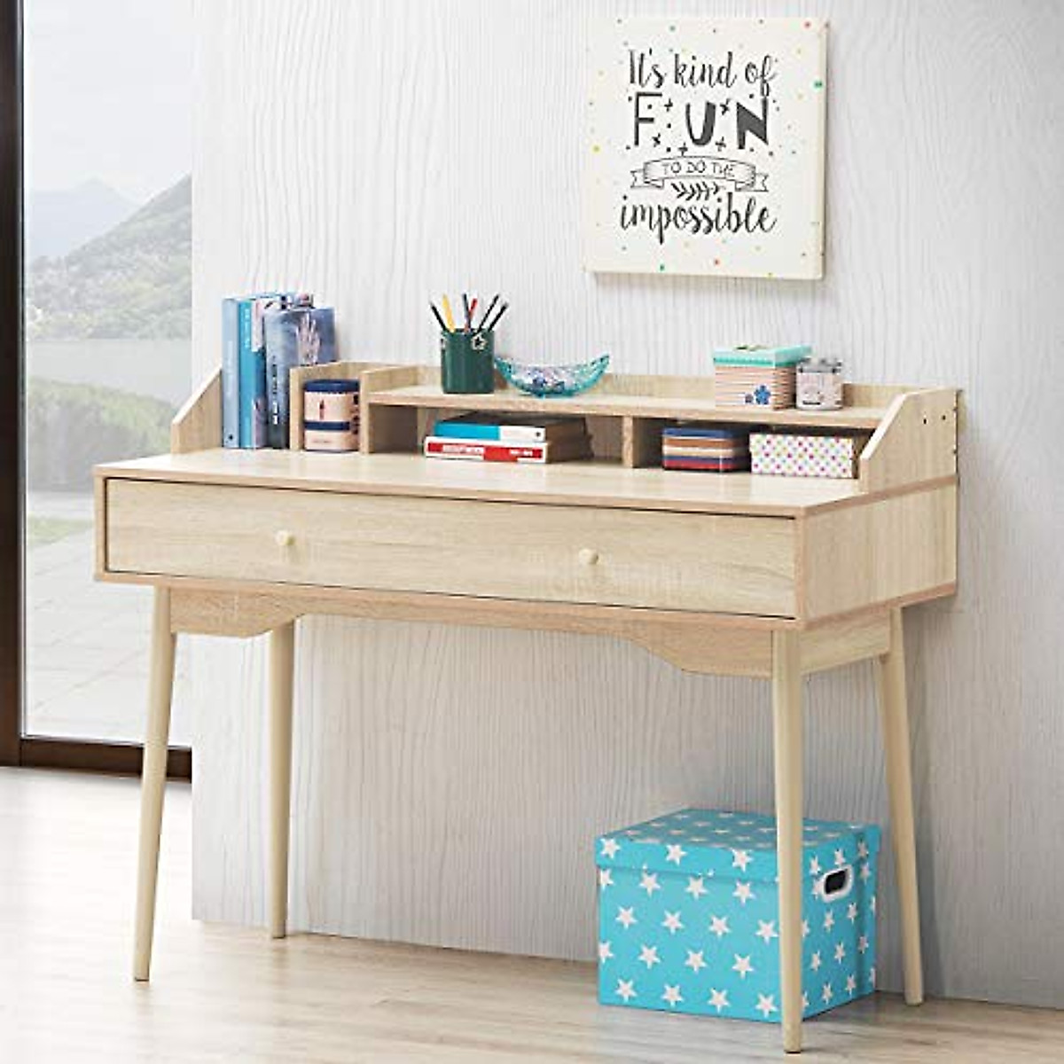 Tangkula Mid Century Desk with Storage Drawer, Writing Study Computer Desk with Hutch, Wooden Study Table PC Workstation, Home Office Desk Kid’s Desk for Bedroom (Natural)