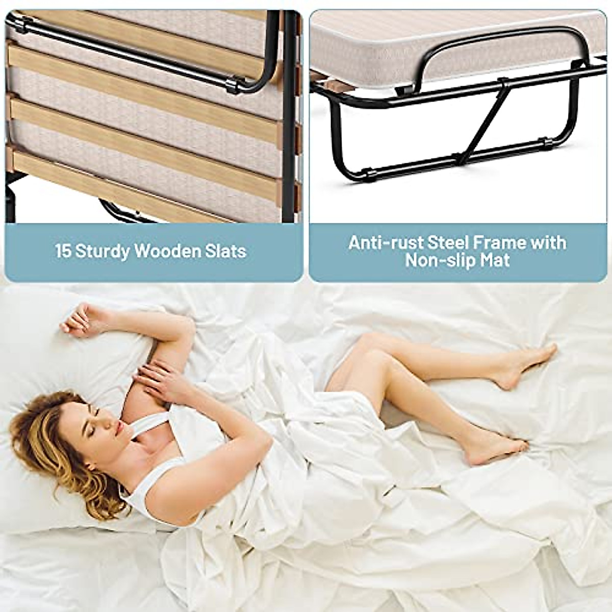 GOFLAME Rollaway Folding Bed with Memory Foam Mattress, Portable Guest Beds Cot Size with Sturdy Metal Frame for Spare Bedroom & Office