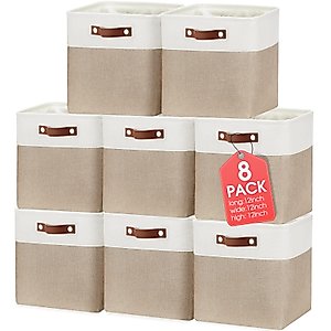 Uiifan 8 Pack Fabric Storage Basket Storage Bin with Handles Linen Decorative Storage Containers Organization Bins for Shelves Closet Organizer Baskets for Toy Nursery (Beige,12 x 12 x 12 Inch)