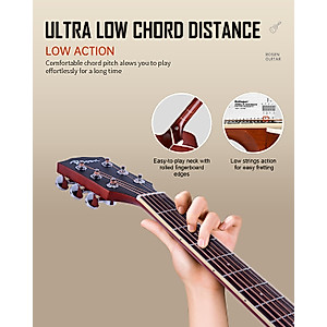 Rosen Solid Top Dreadnought Acoustic Guitar 41 Inches Spruce Guitar Beginner Bundle with Book, Padded Bag, Strings, Picks, Tuner, Hexwrench, Strap, Polishing Cloth, Natural