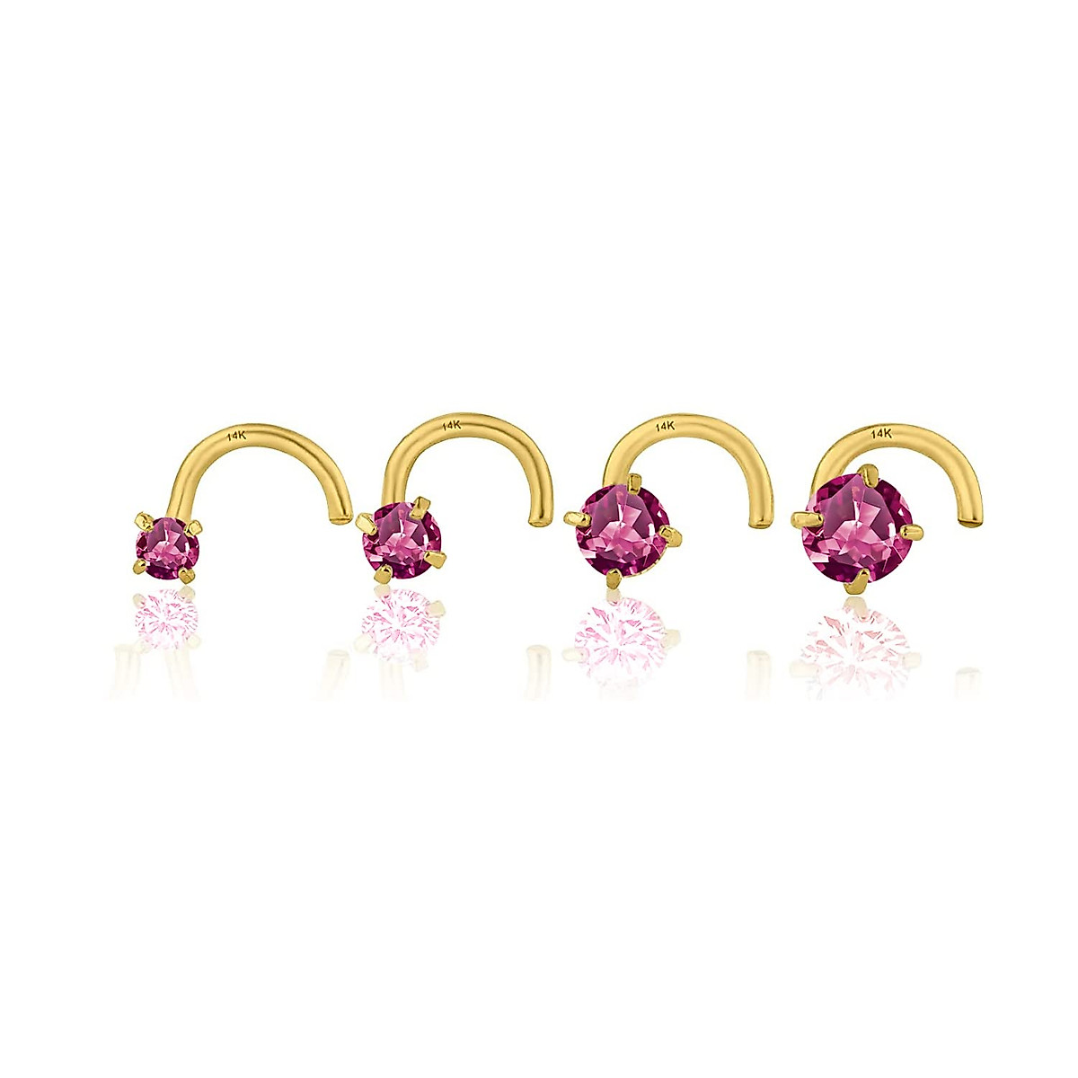 14K Solid Yellow Gold Natural Genuine Pink Tourmaline Nose Stud 20 GA, Twisted Crooked Screw Nose Stud, Screw Nose Stud, Body Jewelry Real Gold (2mm)