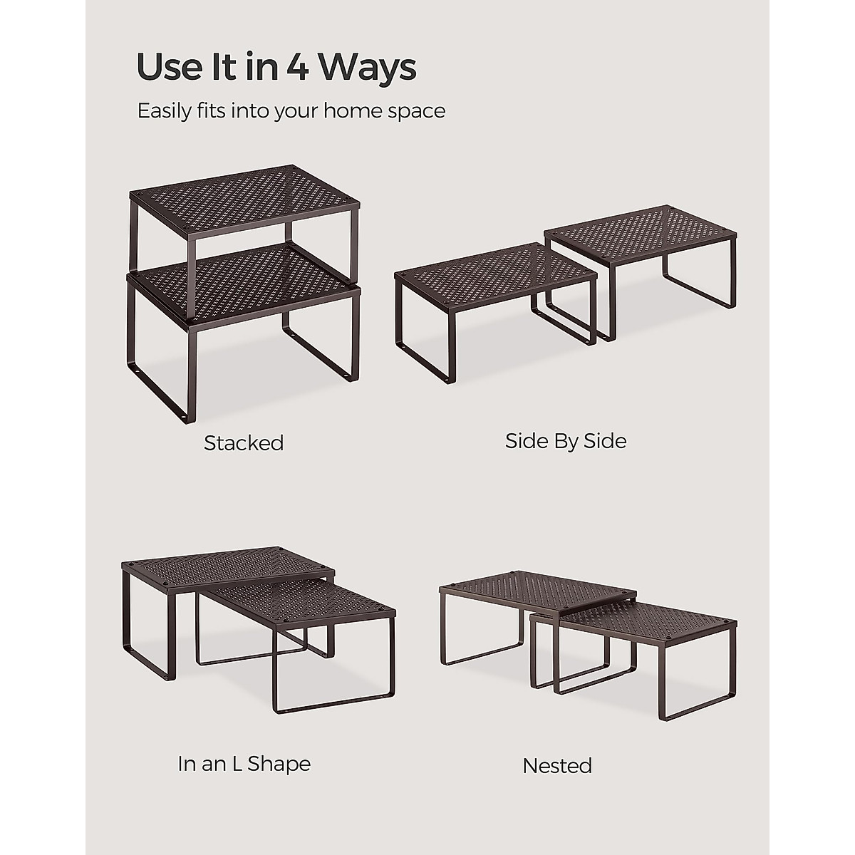 SONGMICS Cabinet Shelf Organizer, Stackable, Expandable, Set of 4 Metal Kitchen Counter Shelves, Brown UKCS06BR