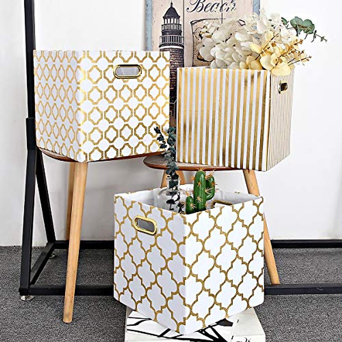 BAIST Storage Cubes Organizer Gold Storage Bins 11 inch Storage Cube Bins Collapsible Cloth Storage Cube with Metal Handles for Shelves Closet Bedroom Cloth Toys Foods Baby (2-Pack, Gold Circle)