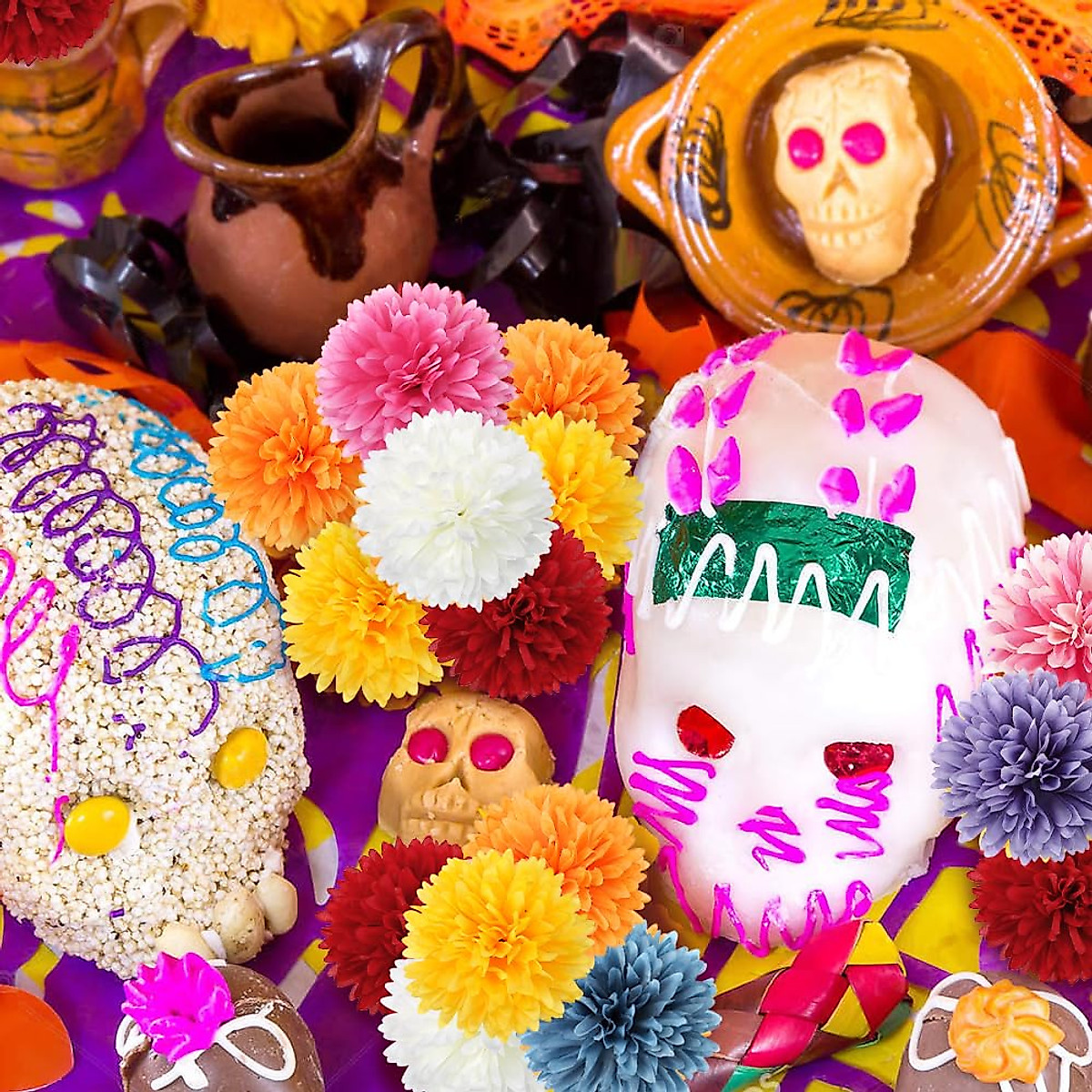 Marigold Flower Heads Bulk 40 Pcs, Faux Mexican Artificial Flowers for Day of the Dead Decorations - DIY Wreath Garland Craft indian wedding Diwali Home Dia De Los Muertos Decor Halloween(Multicolor)