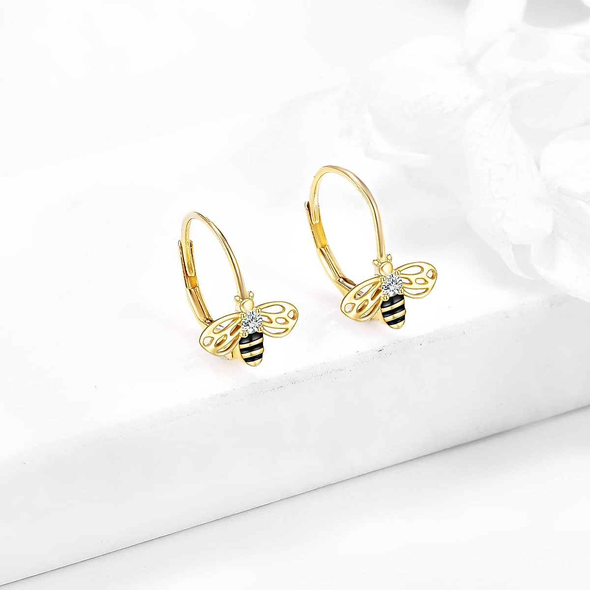 KECHO 14k Yellow Gold Honey Bee Leverback Earrings for Women, Fine Gold Jewelry Gifts for Her (Bee Leverback)