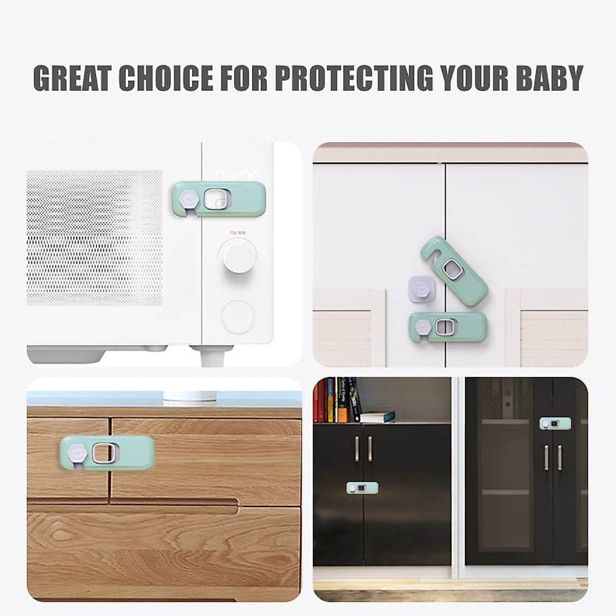 5 Pack Child Proof Refrigerator Lock, QYESWHSR Fridge Locks for Kids with Sticky Adhesive Pads, Child Safety Locks for Doors, RV Refrigerator, Oven Lock Child Safety Baby Cabinet Locks - Green Updated