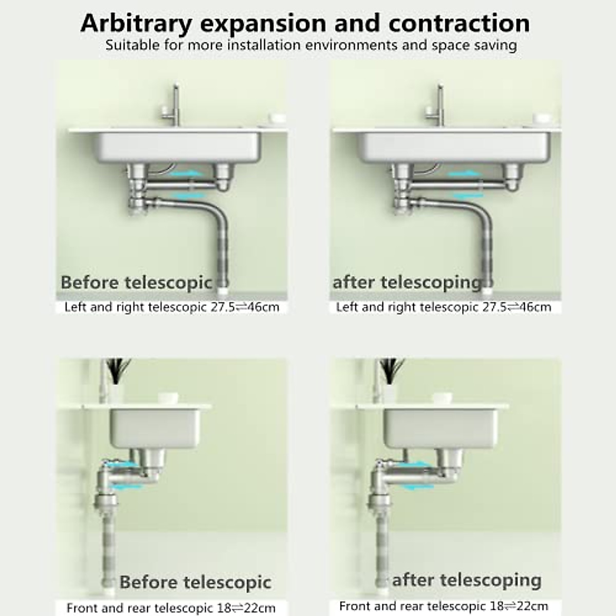 HTDAK Kitchen Dual Sink Installation Plumbing, Expandable Sink Drain Kit, Universal Kitchen Drain Kit, 3-1/2''Sink Expandable Drain, Silver, 13.78×13.78×5.90