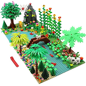 Feleph Jungle Toy Building Set MOC Garden Playset with 2 Baseplates Forest Wildlife Bridge Plants Trees Flowers Animals Cow Wetland Park Kit Block Accessories Compatible with Major Brand