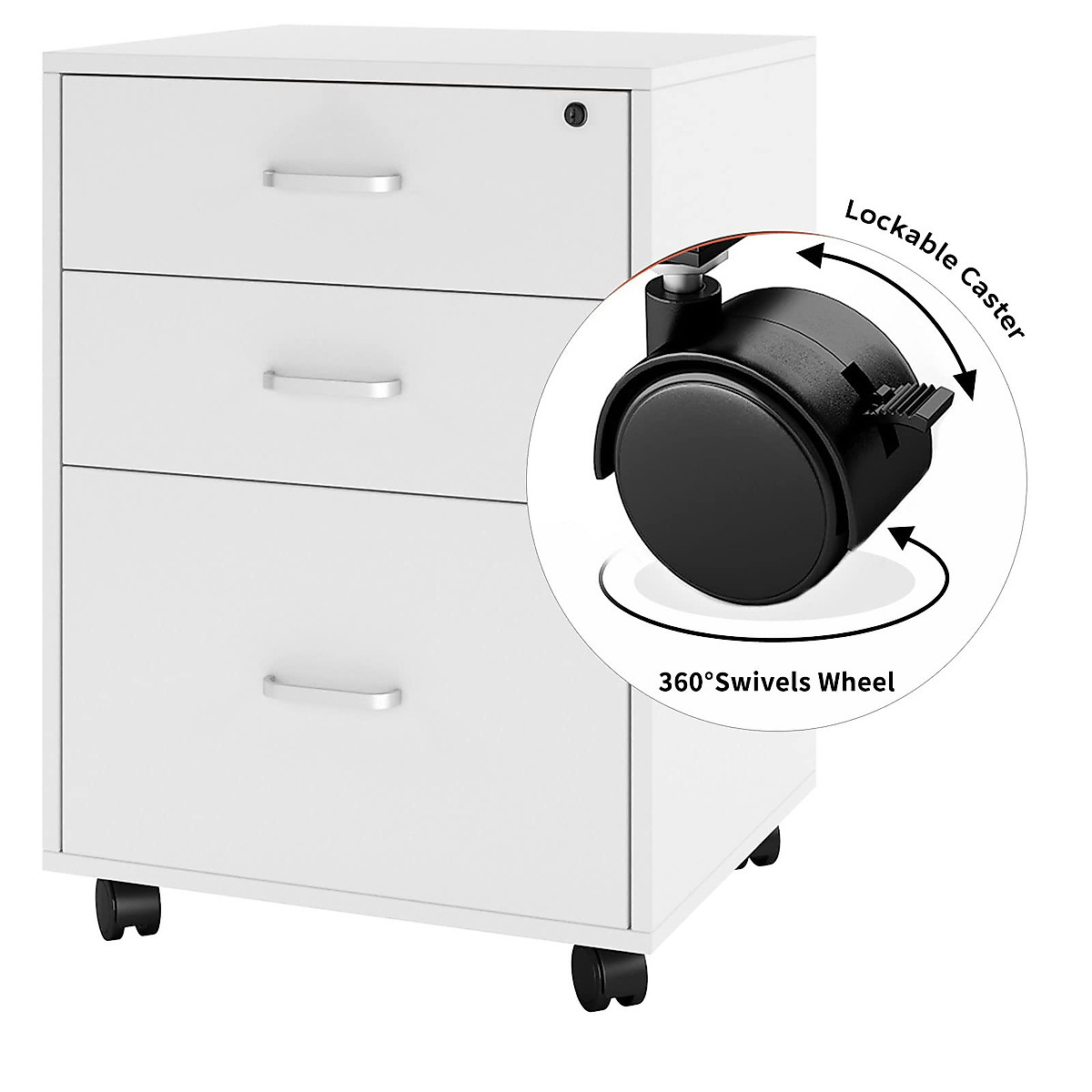 SogesGame 3 Drawer File Cabinet with Lock, Office Storage File Cabinet on Wheels, Mobile Under Desk File Cabinets for Home Office Fits Letter/Legal/A4 Size, White