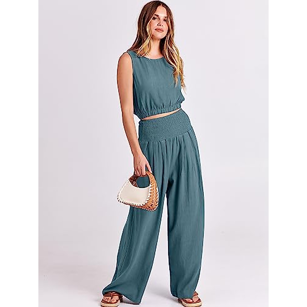 ANRABESS 2 Piece Summer Outfits for Women Casual Lounge Matching Sets Linen Crop Top Long Smocked Waistband Pants Jumpsuits Summer Vacation 2023 Fashion Clothes A1093hulv-M
