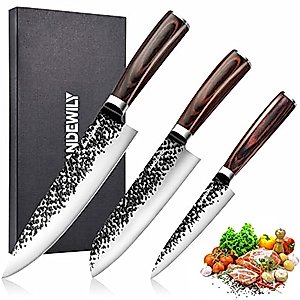 SANDEWILY Professional Chef Knife Ultra Sharp Kitchen Knife Set 3 PCS,Premium German Stainless Steel Japanese Knife Set for Kitchen with Sheath,Ergonomic Pakkawood Handle and Gift Box…