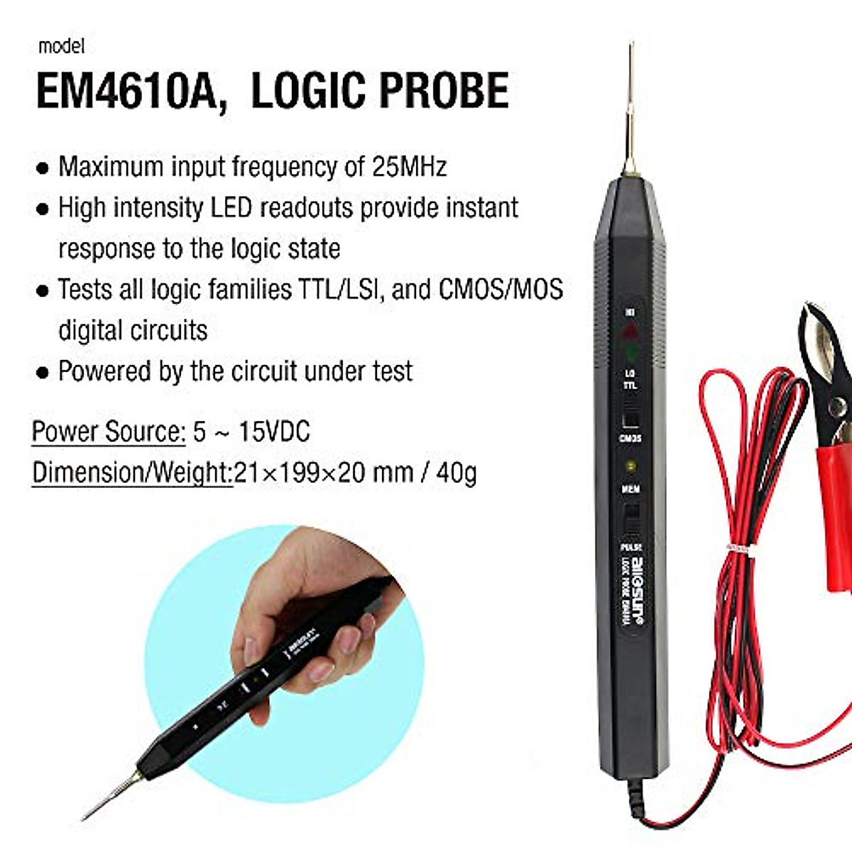 allsun Electrical Circuit Testers Logic Probe Troubleshooting Tool Instrument Visual and Audio Indications for Logic Levels Pulses Detector EM4610A