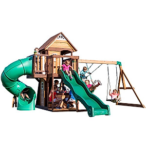Backyard Discovery, Cedar Cove Wood Swing Set, Playground Fort, Chalkboard, Telescope, Dual Slide, Kitchenette, Wide Swing Lanes, 5ft Rock Wall, Step Ladder