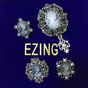 Ezing Vintage Princess Frame Crystal Cameo Brooches Pins Set for Women (C)