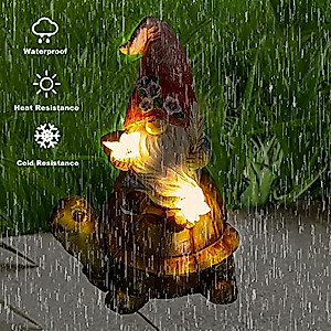 GIBMIDSER Garden Gnome Statue Large Resin Gnome Figurine Solar Led Lights Sitting on Turtle with Butterfly, Outdoor Garden for Four Seasons Decor Patio Yard Lawn Porch, Ornament Gift（Pink Dwarf）