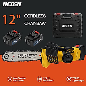 NCOEN Brushless 21V 12'' Handheld Lightweight Chainsaw Kit with Tool-free Chain Tension & Auto Lubrication, Includes 4.0Ah Battery and Charger
