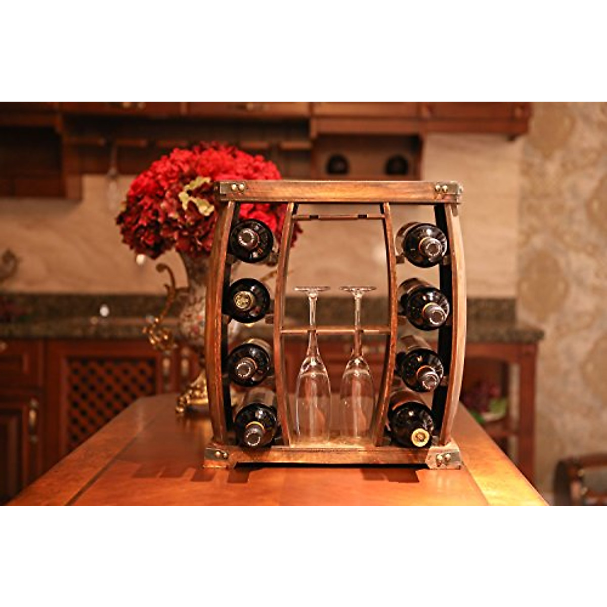 Decorative Wooden 8 Bottle Rustic Wine Rack with Glasses Holder