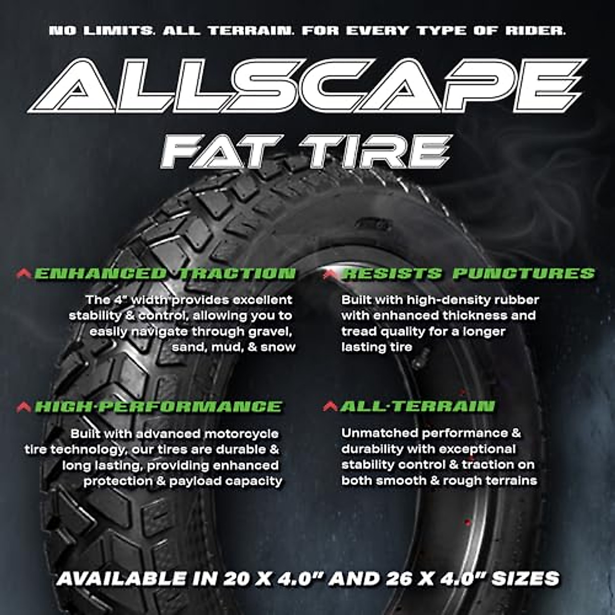 HEB ALLSCAPE 20x4.0 in Fat Tire for E-Bike MTB, Heavy Duty High-Performance Puncture Resistant E-Bike Mountain Bike Tire, All-Terrain Directional Tread, High-Density Tire for Street & Trail Riding