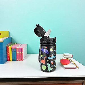 GOPPUS Kids Insulated Water Bottle - 14 Oz BPA Free 18/8 Stainless Steel Travel Bottle with Straw Water Bottle with Double Wall Vacuum Leak Proof Kids Cup for School Boys Girls, Space dinosaur