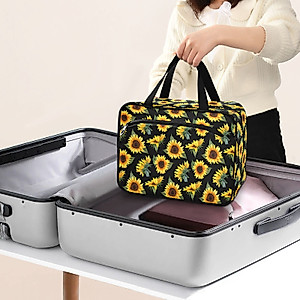 Vnurnrn Sunflowers on Black Large Travel Toiletry Bag for women Makeup Organizer Bag with Hanging Hook Shower Bag for Traveling Electric Shaver Brush
