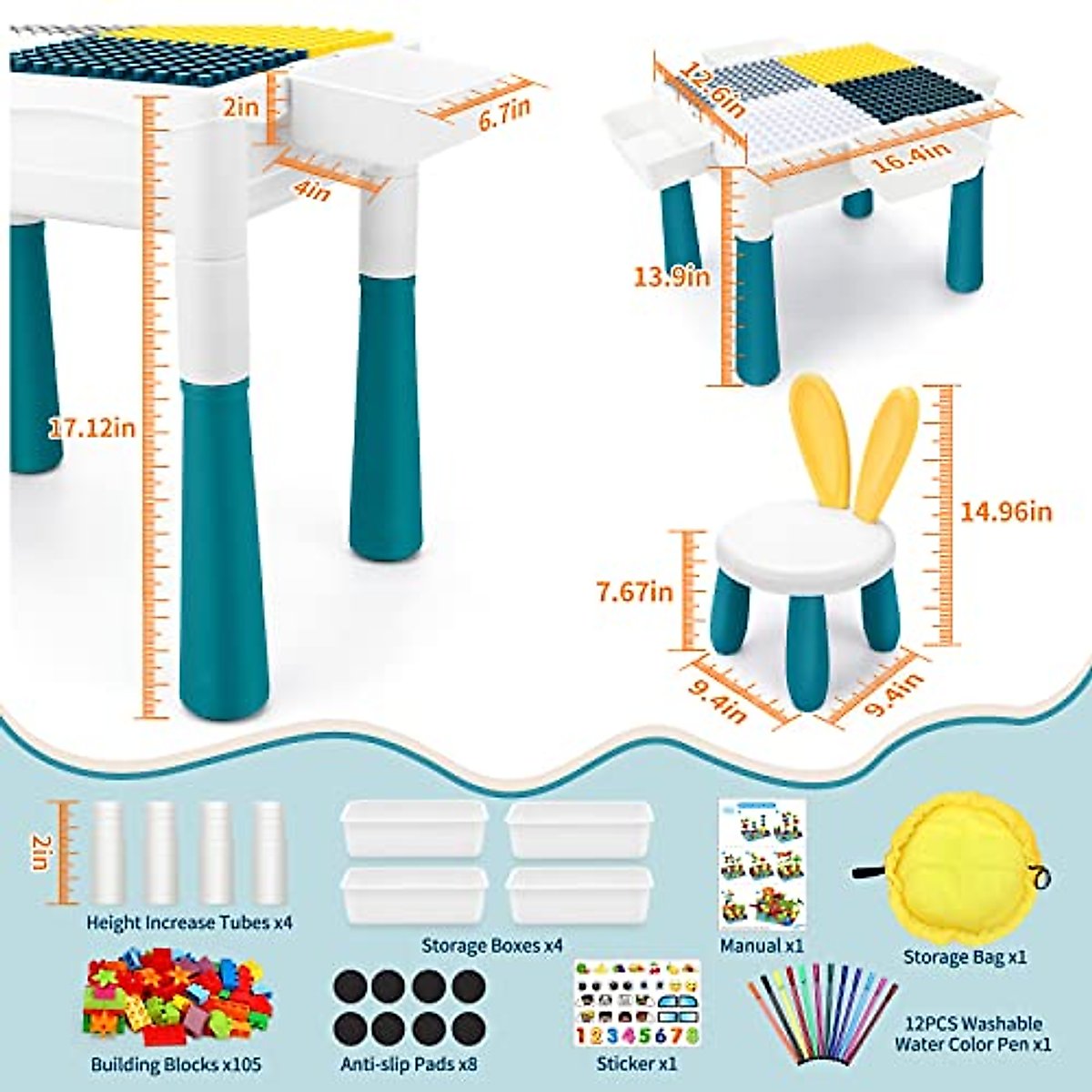 ROGALALY Kids Activity Table Set, All-in-One Multi Activity Table with Storage, 105pcs Building Blocks Table Compatible with Classic Bricks, Craft Learn Play Water Sand Table for Boys Girls