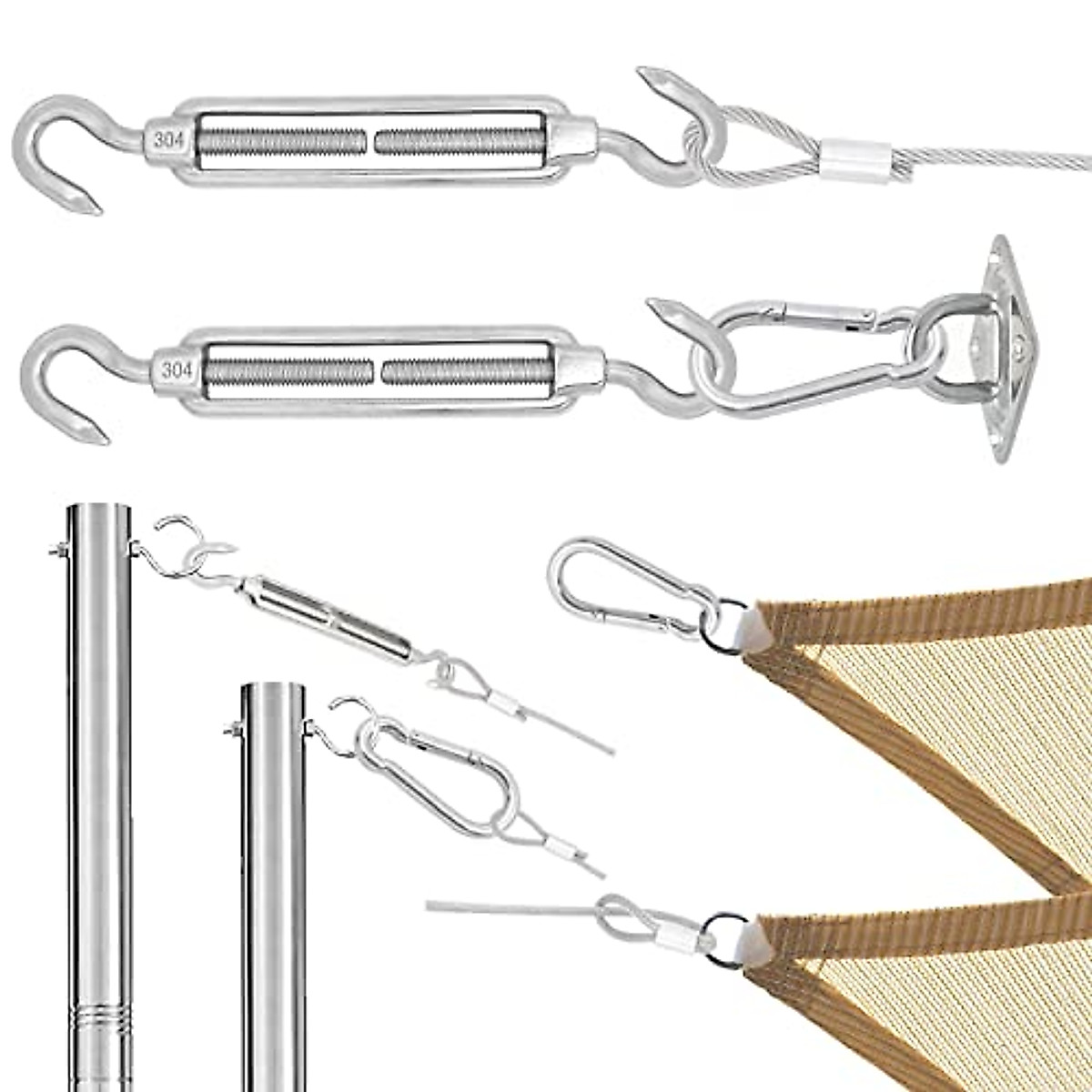 NQN 48 PCS T304 6 Inch Hardware Kit for Square & Rectangle Sun Shade Sail Canopy Awning Installation Installation Complete Set, 48 Ft (12'x4) Extension Cable Wire Rope, 304 Stainless Steel, Anti Rust