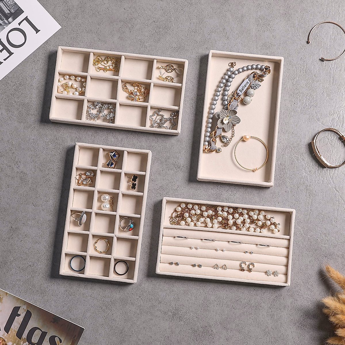 Frebeauty Jewelry Organizer Tray,Stackable Velvet Jewelry Trays,Drawer Inserts Earring Organizer For Women Jewelry Storage Display Case for Rings Stud Necklaces,Set of 6(Beige)