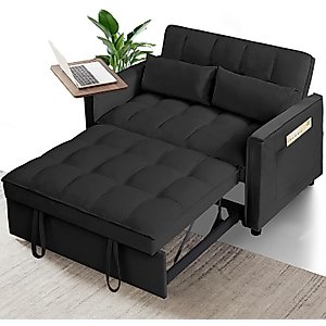 Rovibek 3 in 1 Convertible Sleeper Sofa Bed Pull Out Loveseat for Living Room Apartment Office with Side Table & Adjustable Backrest & Pillows, Black