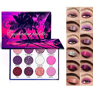 Glitter Purple Pink White Eye Eyeshadow Makeup Palette Pallets, 12Colors Dark Purple Bright High Pigmented sparkly Rainbow Colorful Pressed Glitter Bling Eyeshadow Eye Glitter Makeup Palette
