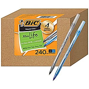 BIC PENS Large Bulk Pack of 240 Ink Pens, Bic Round Stic Xtra Life Ballpoint , Medium point 1.0 mm, 120 Black & 120 Blue Pens in Box Combo Pack