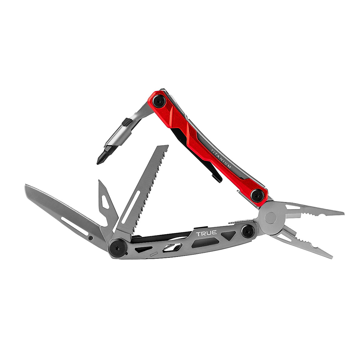 True Utility TI Locking Pocket Multi-Tool, 8-in-1 Tool kit, Titanium Nitride Frame, All-in-One EDC Asset for Camping, Hunting, Fishing, and Hiking, Silver/Red, One Size