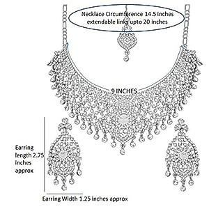Touchstone Indian Bollywood Masterly Created Sparkling White Rhinestones Studded Look Grand Bridal Jewelry Necklace Earrings Mangtika Set In White Tone For Women.