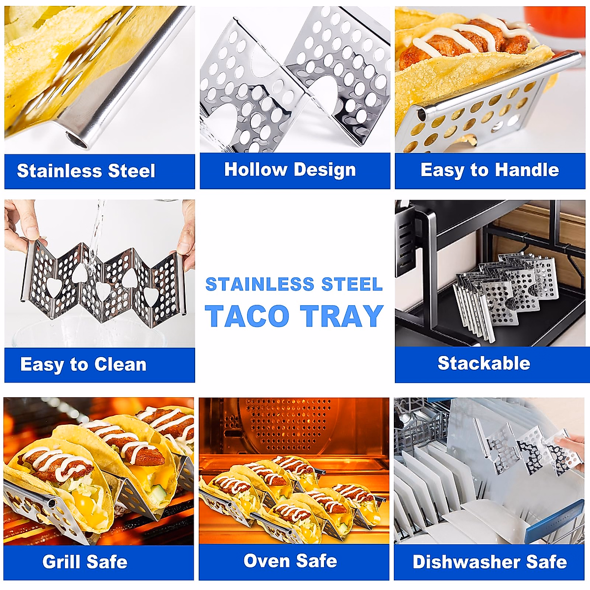 QKENDY Taco Holders Set of 6, Stainless Steel Taco Holder Stand, Stylish Taco Shell Holders, Each Metal Taco Stands for 3 Tacos, Taco Rack Taco Serving Tray Oven, Grill and Dishwasher Safe