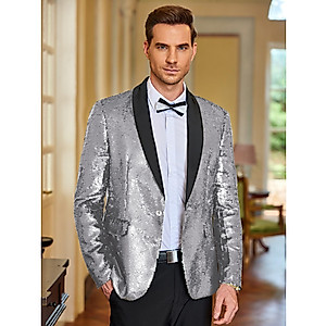 COOFANDY Men's Shiny Sequins Suit Jacket Blazer One Button Tuxedo Banquet Prom Silver