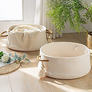 KAKAMAY Woven Baskets for Storage(16"x8"),Blanket Basket for Organizing Living Room,Cotton Rope Basket Woven Baby Laundry Hamper,Collapsible Laundry Room Organization,Clothes,Toy Chest(White)