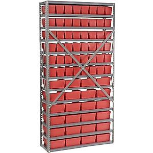 Global Industrial 13 Shelf Steel Shelving with (72) 4" H Plastic Shelf Bins, Red, 36x12x72