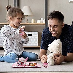 44PCS Tea Set for Little Girls, Kids Pretend Toy Playset, Teapot Dishes Dessert Mini Ice Cream Cart & Carrying Case, Princess Tea Time Kitchen Pretend Play Toys Gift for Toddlers Girls Age 3-8