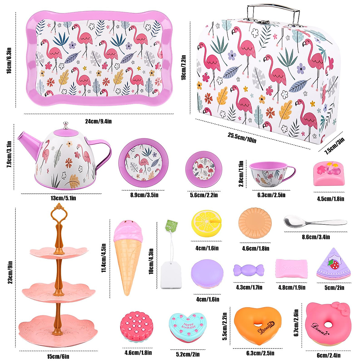 41Pcs Tea Party Set for Little Girls, Pretend Tin Teapot Set, Princess Tea Time Play Kitchen Toy with Dessert, Doughnut, Carrying Birthday Gift Case for Toddlers Age 3 4 5 6