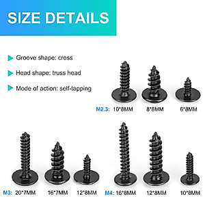MEIYYJ 540pcs M2.3 M2.6 M3 Phillips Truss Head Tapping Screw Wafer Head with Washer, Self Tapping Screw Assortment Kit, Black Carbon Steel.