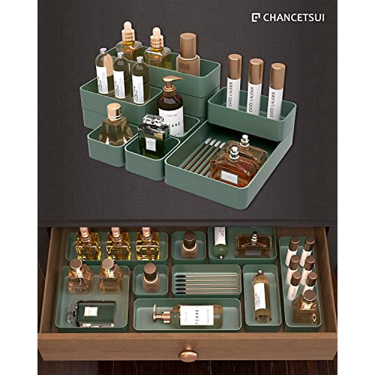 9 Pcs Stackable Drawer Organizer Trays Set, Multifunctional Stackable Storage Trays for Vanity, Bathroom, Kitchen, Desk Drawer Organizer Office. Plastic Drawer Organizers Available In 5 Colours, Green