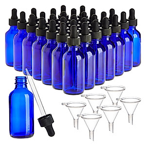 30 Pack 2 Oz Blue Glass Eye Dropper Bottles with 6 Funnels for Essential Oils, Travel Aromatherapy Perfume, Liquid Cosmetics (36 Pieces)