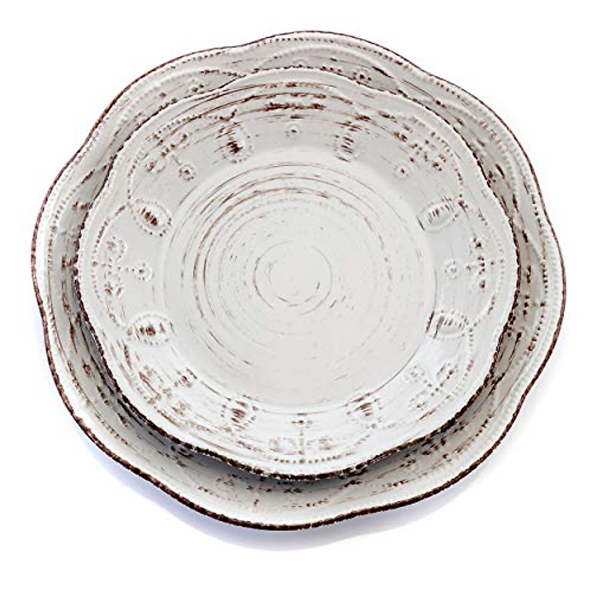 Elama Rustic Birch 16 Piece Embossed Scalloped Stoneware Round Dinnerware Set in White with Brown Accents